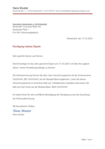 Kündigung Santander Depot: Vorlage & Muster - Kuendigungsvorlagen.com